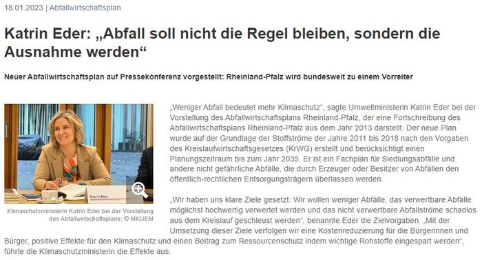 PM Klimaschutzministerium RLP, Katrin Eder: "„Abfall soll nicht die ...